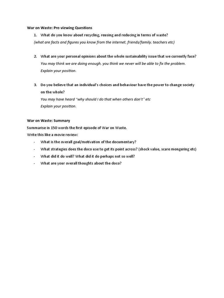 War on Waste: Pre-viewing Insights | PDF | Career & Growth | Science ...