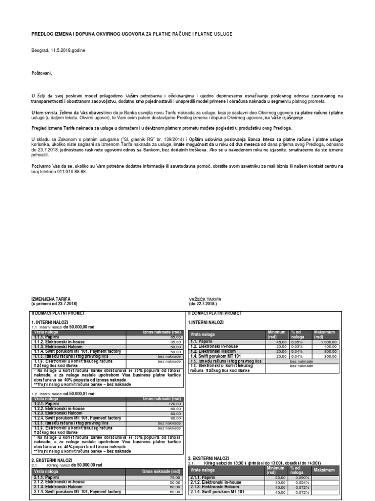Predlog Izmena I Dopuna Okvirnog Ugovora Za Platne Račune I Platne Usluge | PDF
