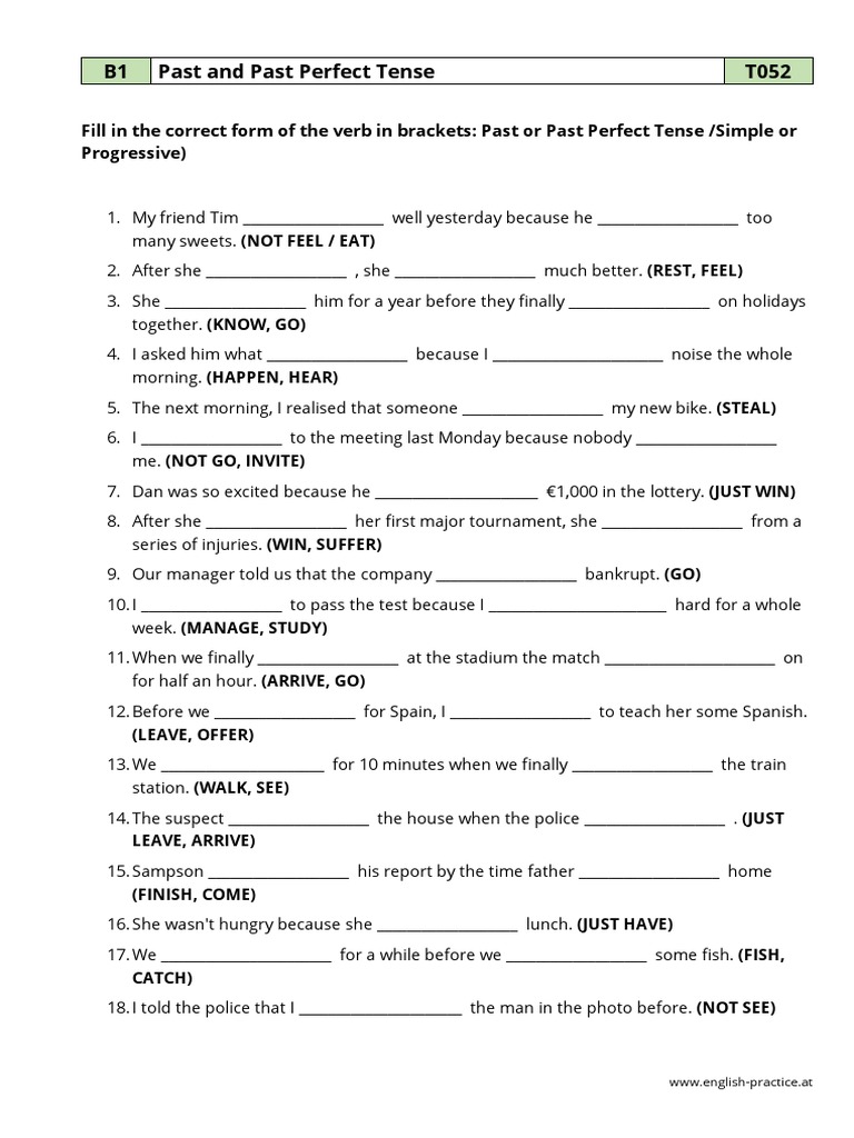 Past and Past Perfect Tense - PDF Grammar Worksheet - B1 - T052 | PDF