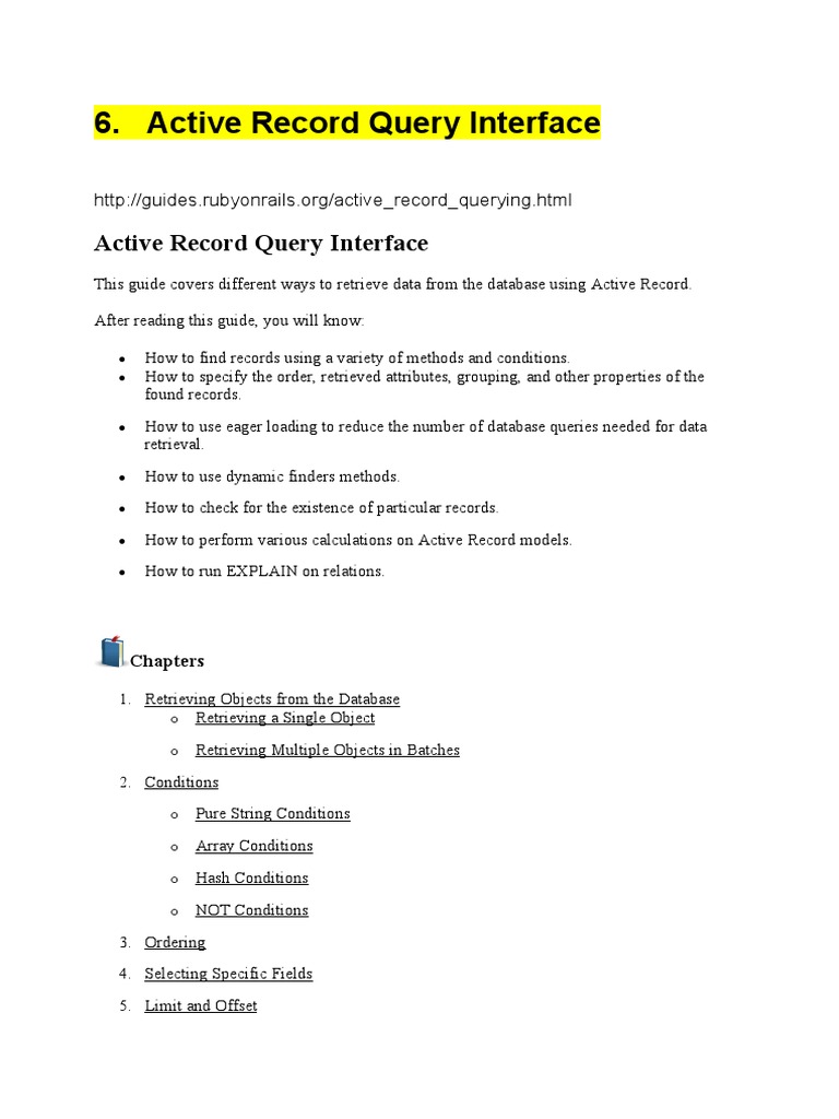 Active Record 6 Query Interface | PDF | Databases | Sql Active Record 6 Query Interface | PDF | Databases | Sql