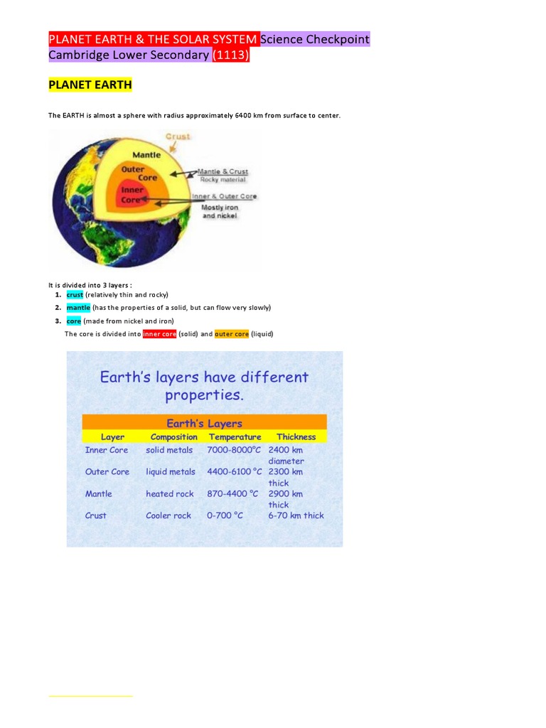 Science Secondary Checkpoint note-THE EARTH & SOLAR SYSTEM | PDF | Rock ...