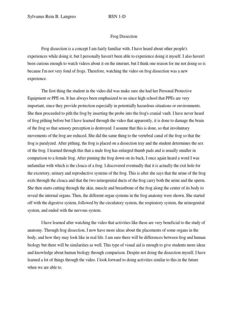 Frog Dissection (Reflective Journal) | PDF | Frog | Anatomy