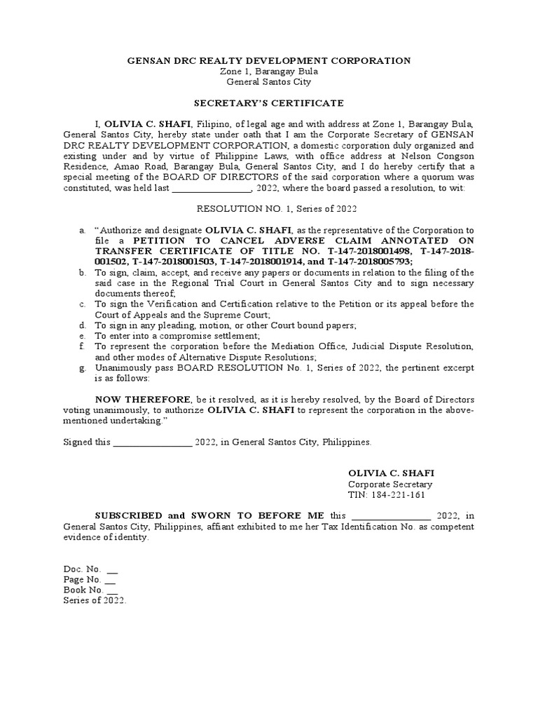 Secretary's Certificate | PDF | Affidavit | Separation Of Powers
