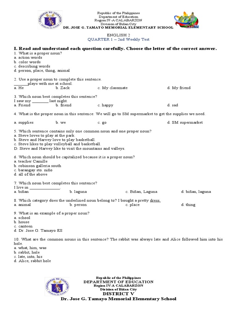 English Quarter 1 Week 5-6 Weekly Test Grade 2 | PDF | Linguistic ...