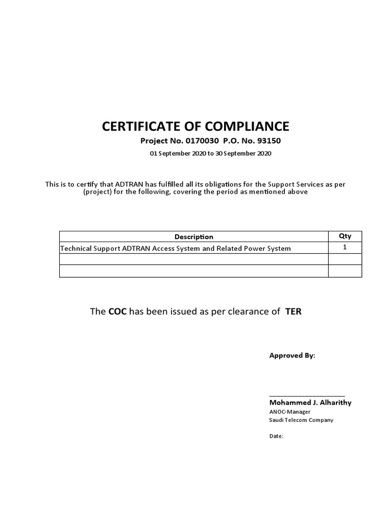 ADTRAN Technical Support Compliance Certificate | PDF | Transport Layer ...