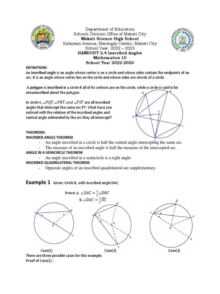 Handout 2.4 Inscribed Angles | PDF | Circle | Angle