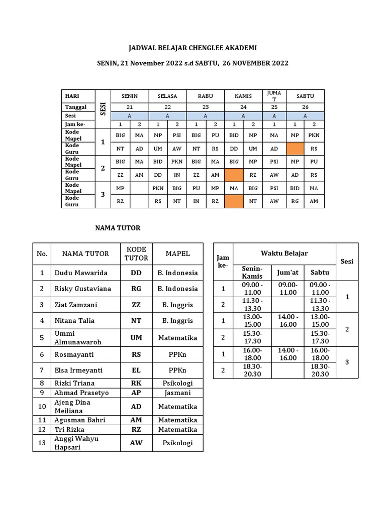Jadwal Belajar Chenglee Akademi 2022 | PDF