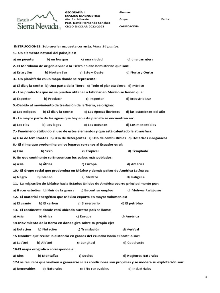 Examen Diagnóstico Geografía 2024 | PDF | Tierra | México