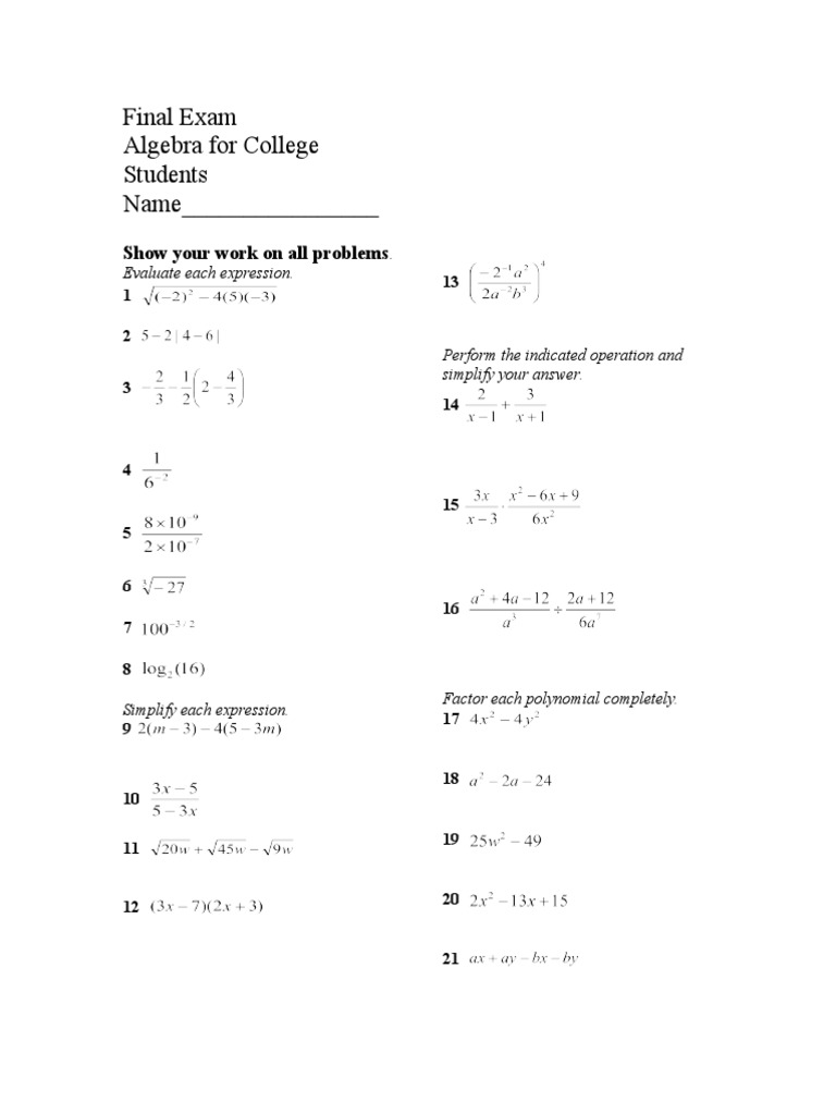 Algebra Final Exam 1 | PDF