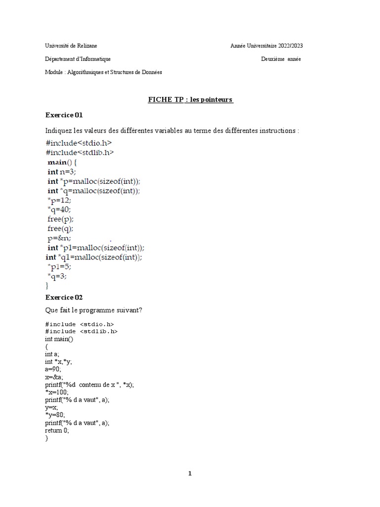Fiche de TP Pointeurs | PDF | Pointeur (programmation) | Âge de l'information