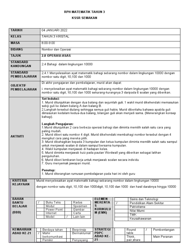 RPH Matematik Tahun 3 | PDF