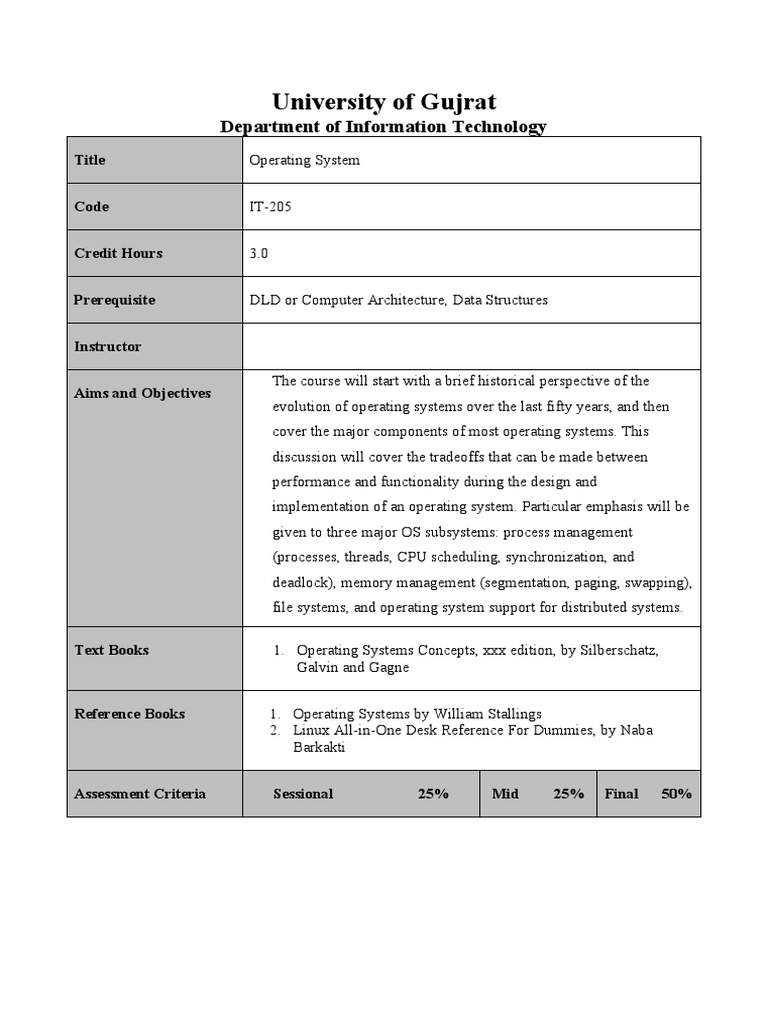 IT-205 (OS) Course Outline | PDF | Operating System | Process (Computing)