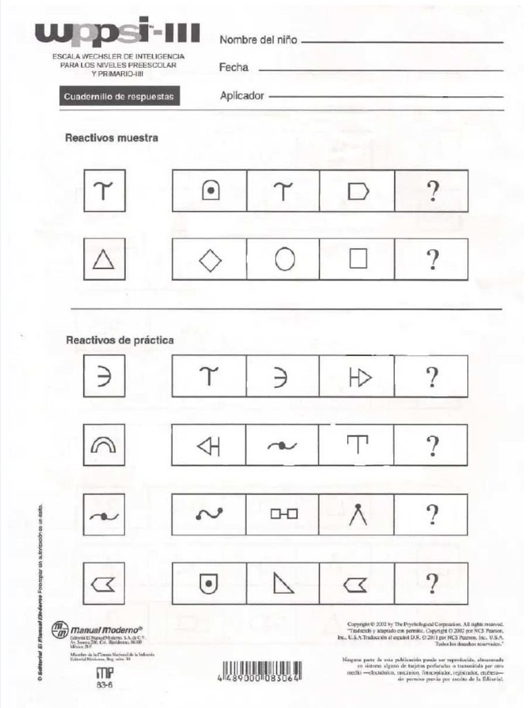WPPSI III Cuadernillo de Respuestas | PDF