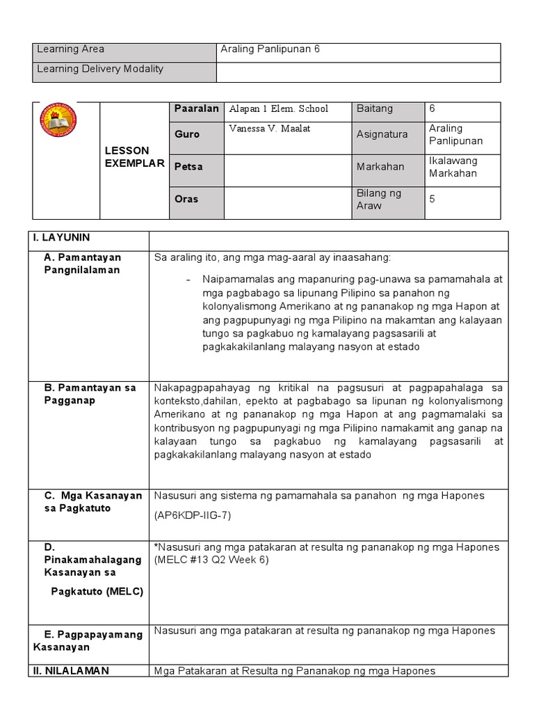 Paaralan Alapan 1 Elem. School Guro Petsa Oras I. Layunin A. Pamantayan ...