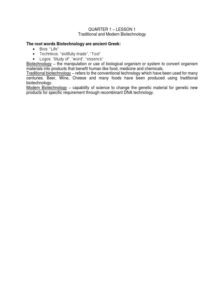 Biotechnology - Quarter 1 | PDF | Biotechnology | Fermentation