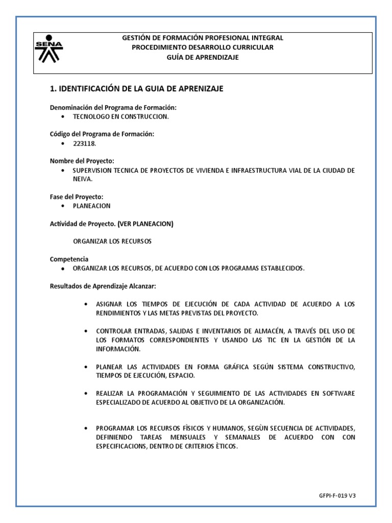 Gfpi-F-019 Guia 10 - Organizar Recursos | PDF | Presupuesto | Aprendizaje