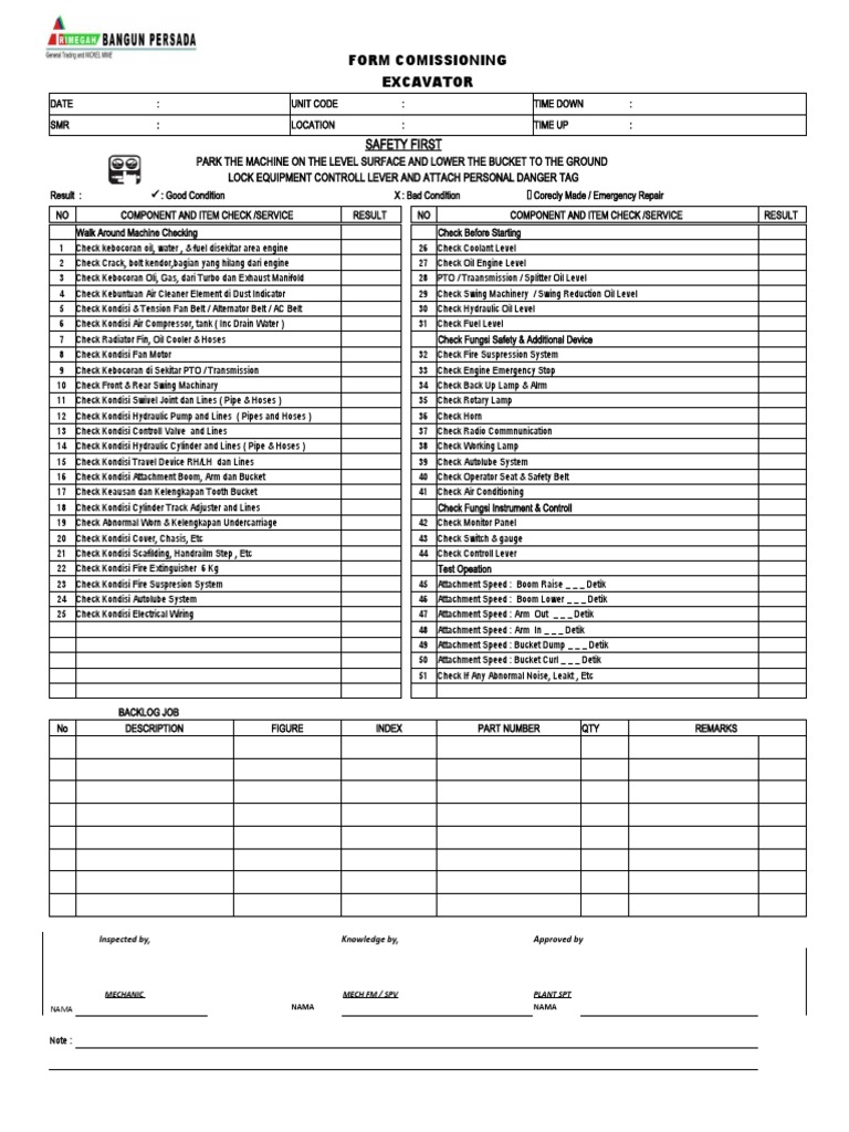 Excavator Commissioning Checklist | PDF | Engines | Machines