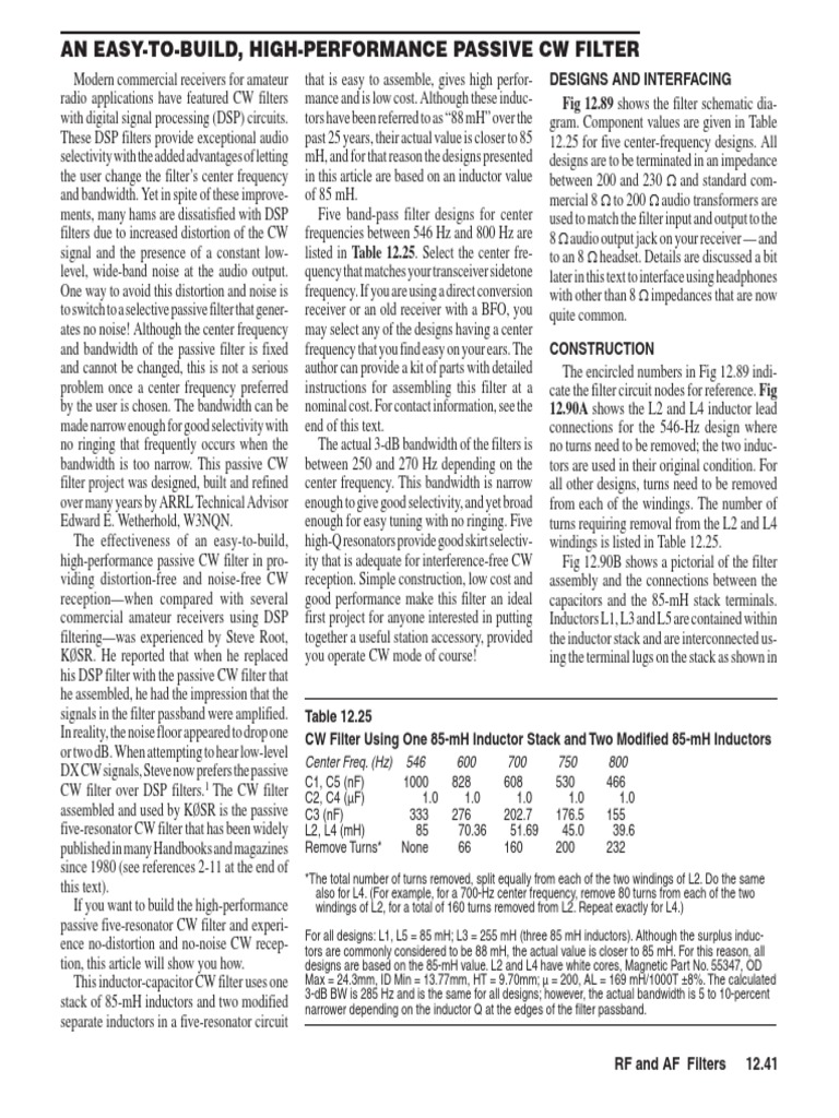 Passive CW Filter for Ham Radio | PDF | Electronic Filter | Inductor