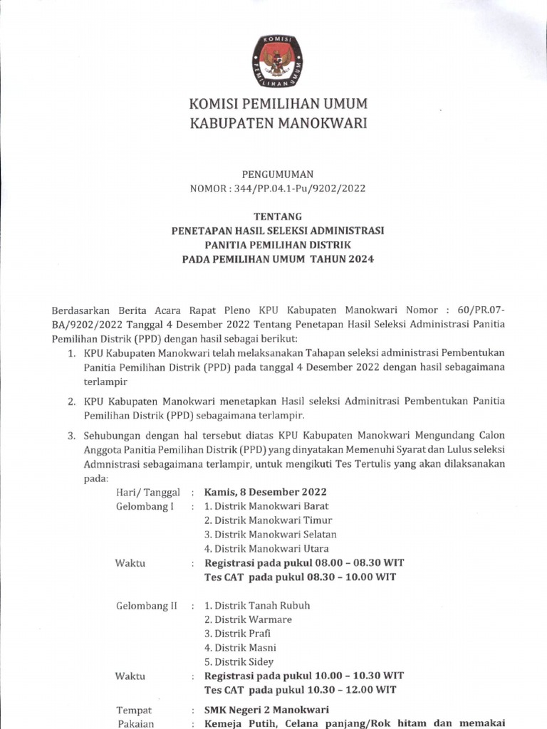 Pengumuman Hasil Seleksi Administrasi Calon Anggota Ppd Kpu Kab