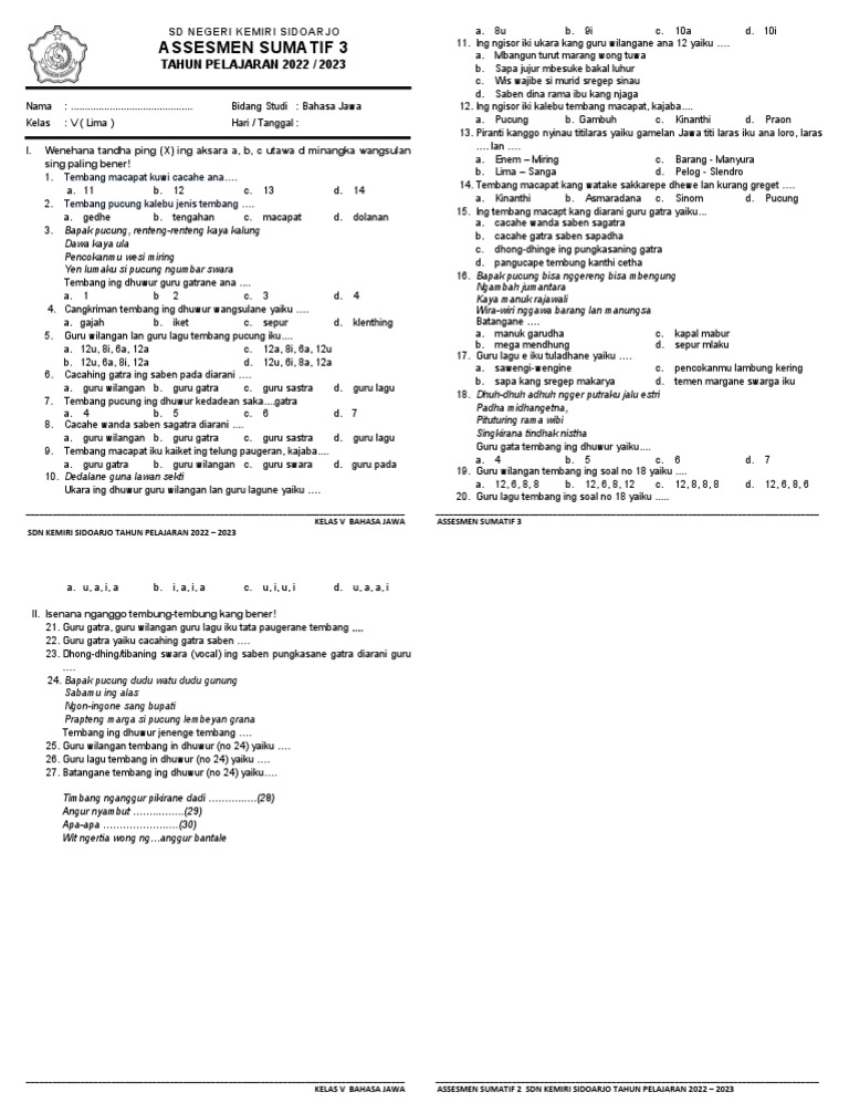 SOAL AS3 B Jawa Kelas 5 | PDF