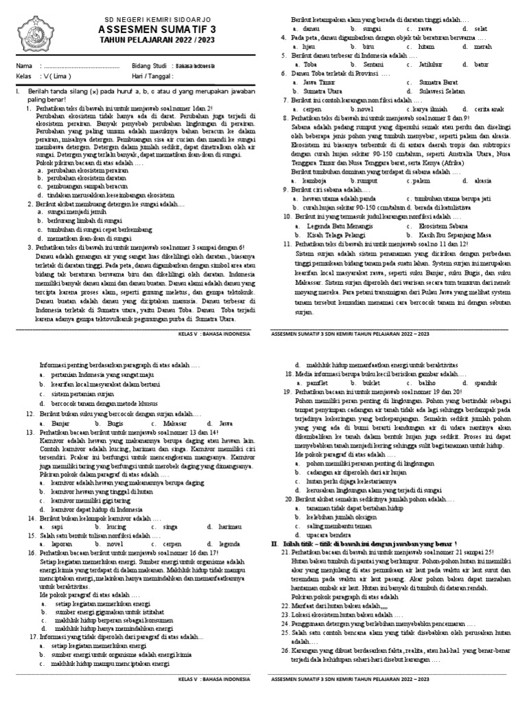 Soal AS3 B Indonesia Kelas 5 | PDF