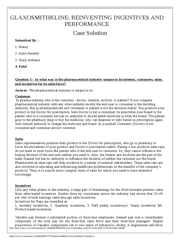 Glaxosmithkline Case Solution | PDF | Incentive | Performance Appraisal