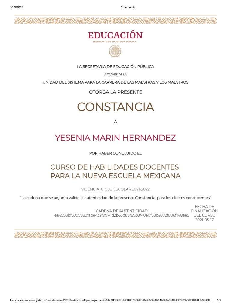Constancia Nueva Escuela Mexicana 2021 | PDF