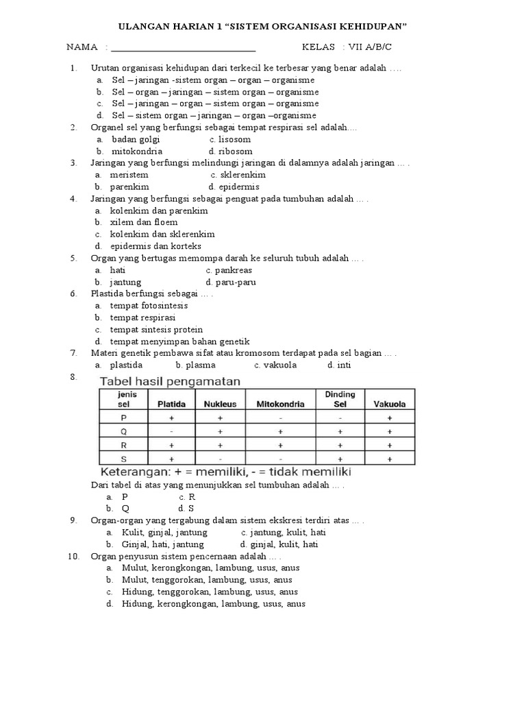 Ulangan Harian Biologi Kelas VII | PDF