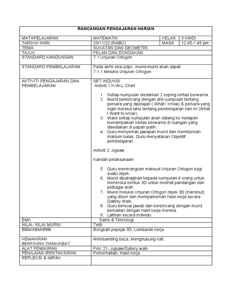 Rancangan Pengajaran Harian Kbat | PDF