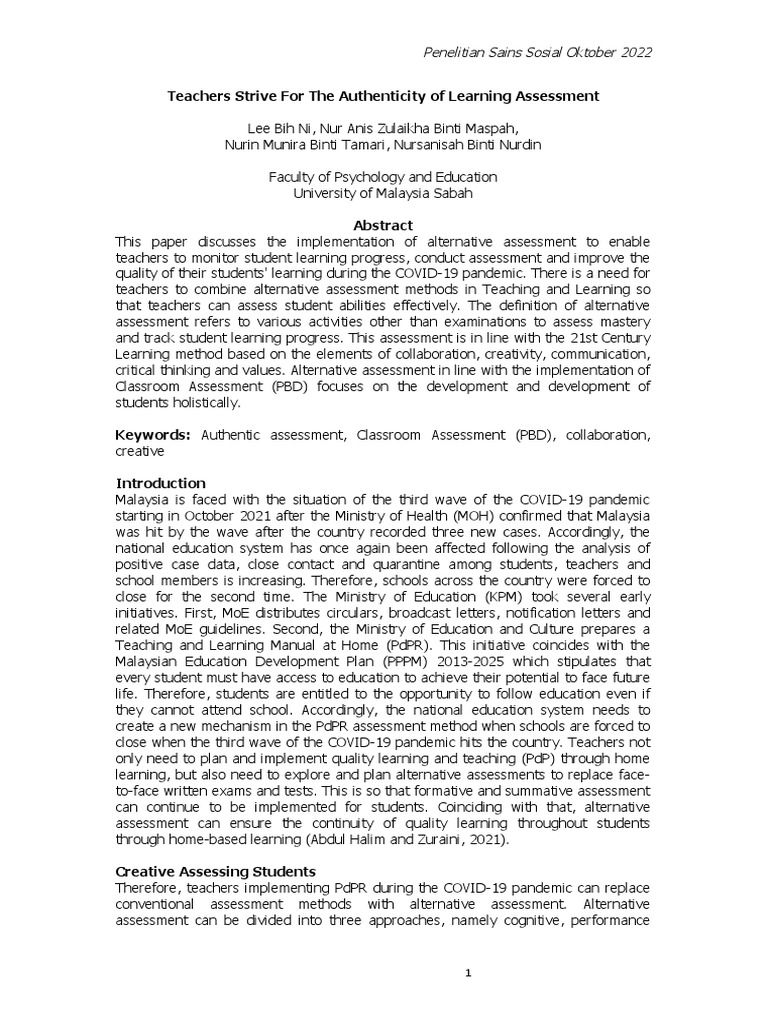 Teachers Strive For The Authenticity Of Learning Assessment Pdf