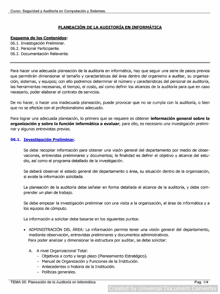 Tema 05 - Planeación de La Auditoría en Informática | PDF