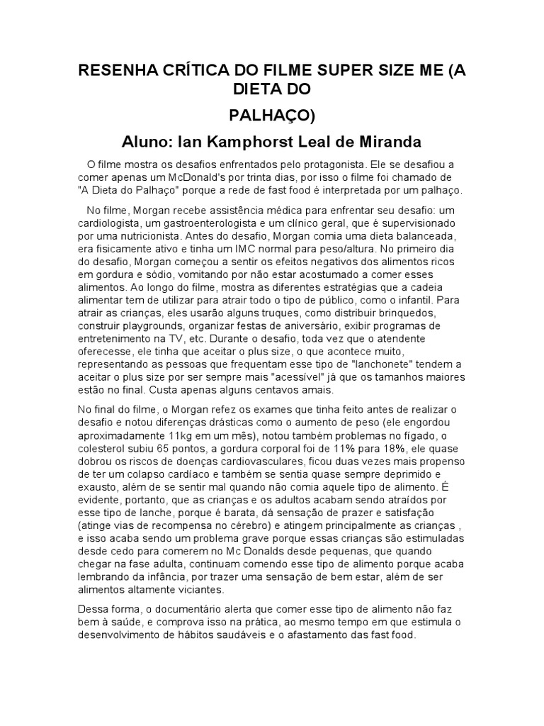 Resenha Crítica Do Filme Super Size Me | PDF