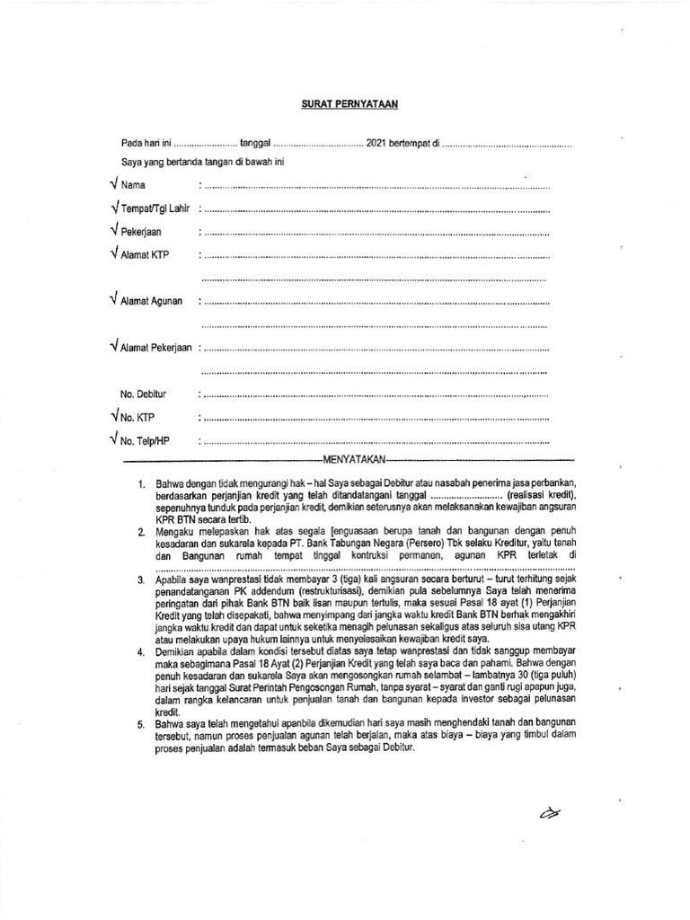 Surat Pernyataan KPR BTN Wanprestasi | PDF