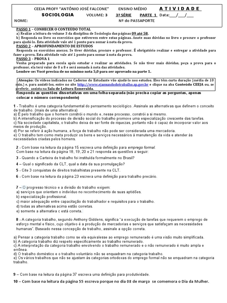 Atividade 3A Sociologia | PDF | Sociologia
