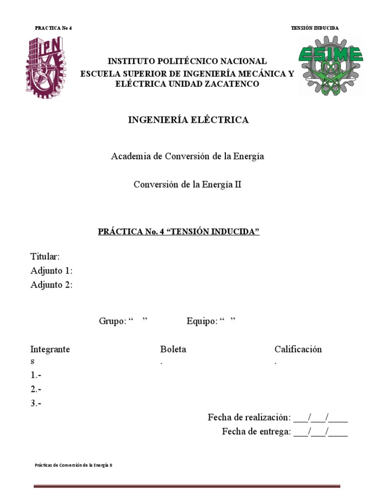 Practica 4 Converión de La Energía Esime Ipn | PDF | Corriente eléctrica | Inductor