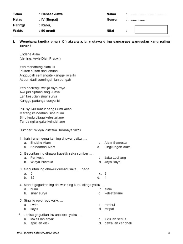 Pas 1 B. Jawa Kelas 4 TP 2022-2023 | PDF