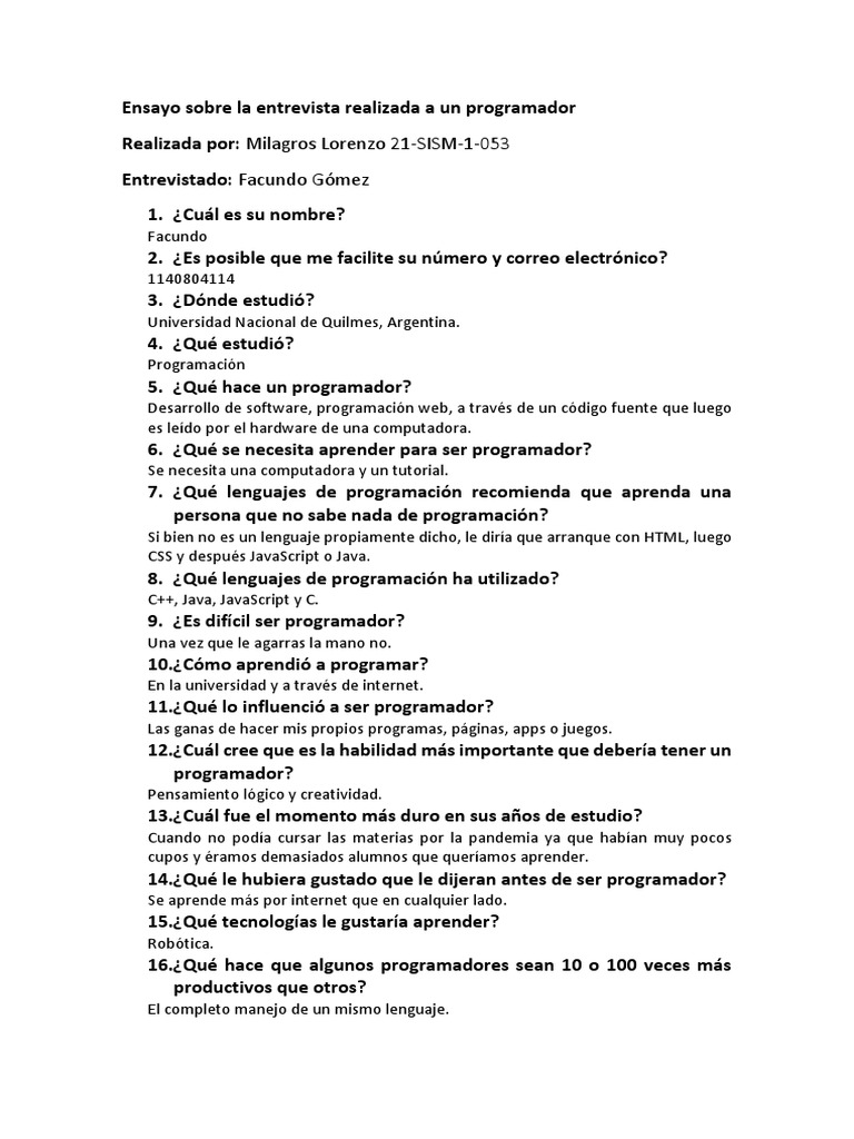 Entrevista A Un Programador | PDF | Lenguaje de programación | Bases de datos
