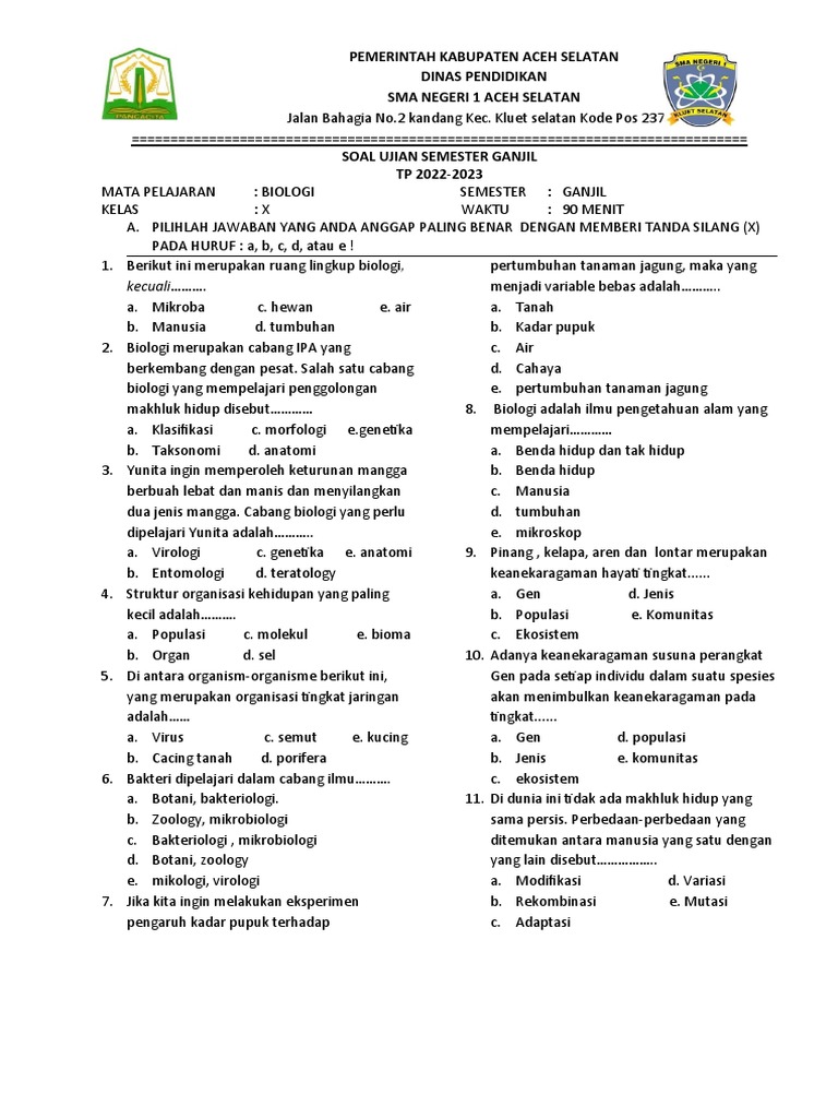 Soal Us Biologi Kelas X SMT Ganjil 2022-2023 | PDF