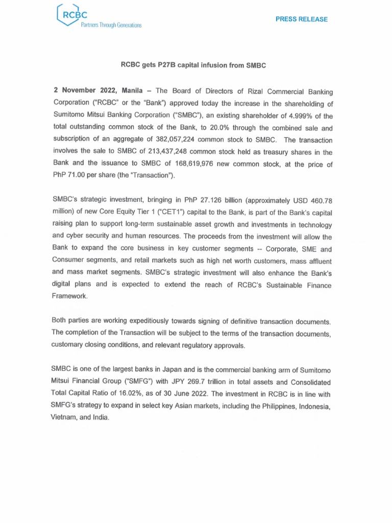 RCBC Gets P27B Capital Infusion From SMBC | PDF