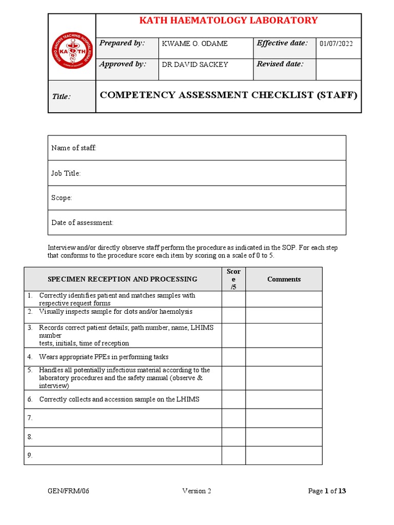 Haem Competency Assessment Checklist | PDF | Laboratories | Staining