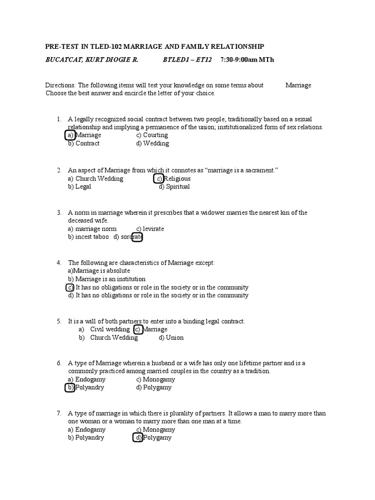 Pre-Test on Key Concepts and Definitions of Marriage and Family ...