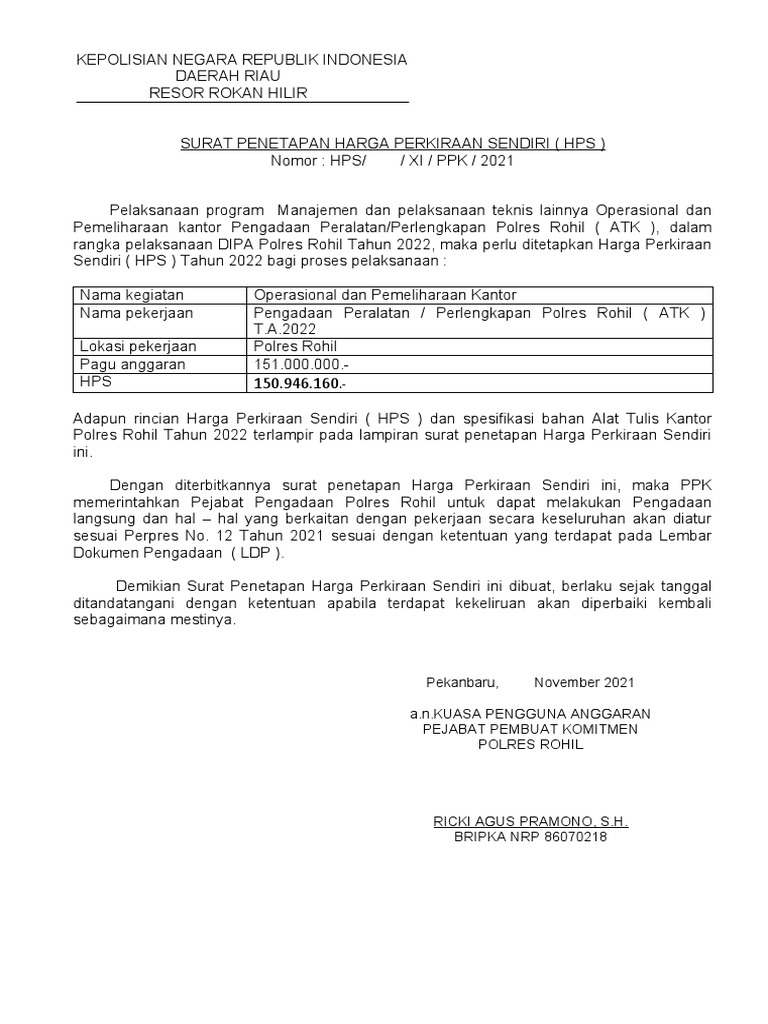 Surat Penetapan HPS Atk Polres Rohil | PDF