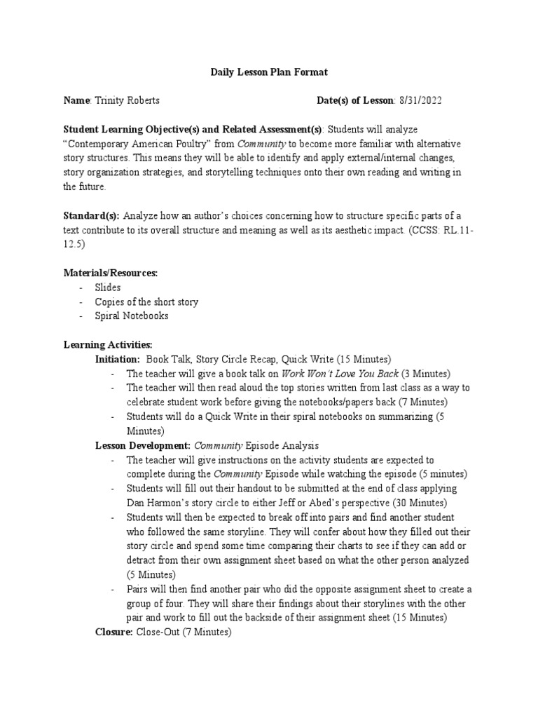 Dan Harmons Story Circle Lesson Plan | PDF | Lesson Plan | Teaching