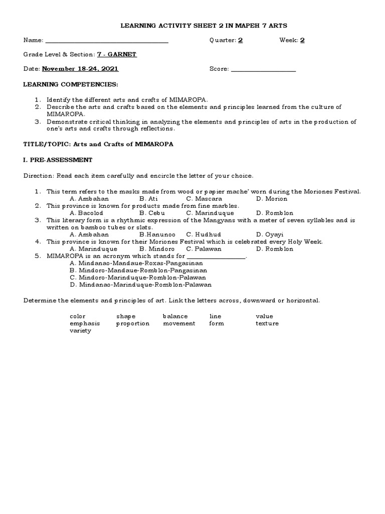Arts 7 (Week 2) Activity Sheets For Grade 7 | PDF