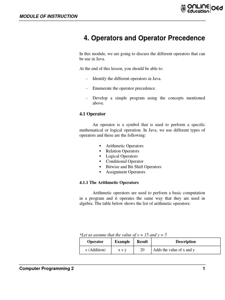 Comprog 5 - Programing Operator | PDF | Boolean Data Type | Bit Comprog 5 - Programing Operator | PDF | Boolean Data Type | Bit