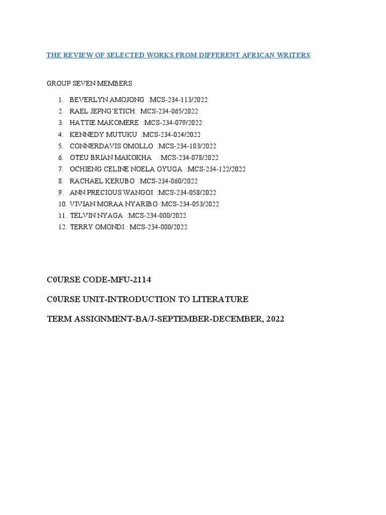 The Review of Selected Works From Different African Writers | Download ...