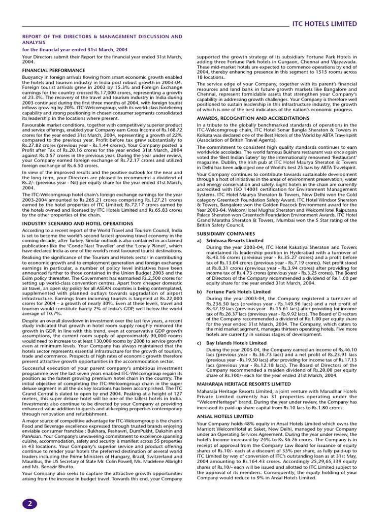Itc Hotels Limited Report of The Directors Managem ...