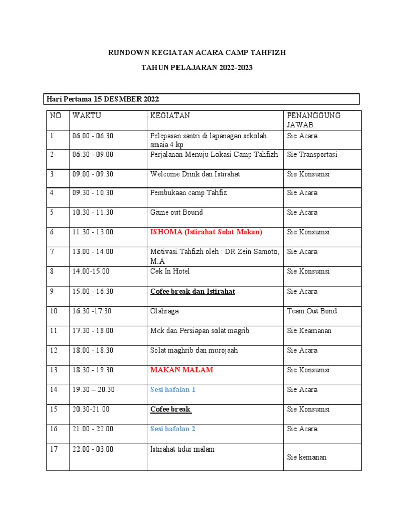 Rundown Camp Tahfizh 2022-2023 | PDF
