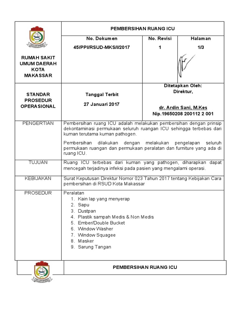 Sop Pembersihan Ruang Icu | PDF