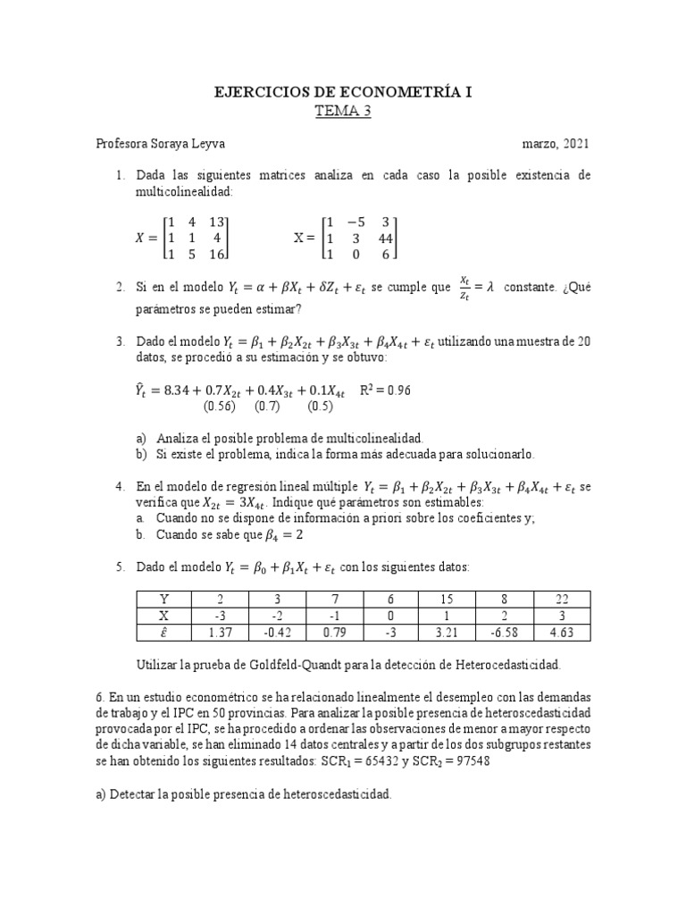 Ejercicios de Econometría I Tema 3 | PDF | Mínimos cuadrados ordinarios | Multicolinealidad
